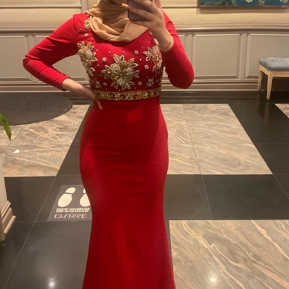 Dresses | Custom Made Red Beaded Elegant Long Sleeve Dress | Poshmark
